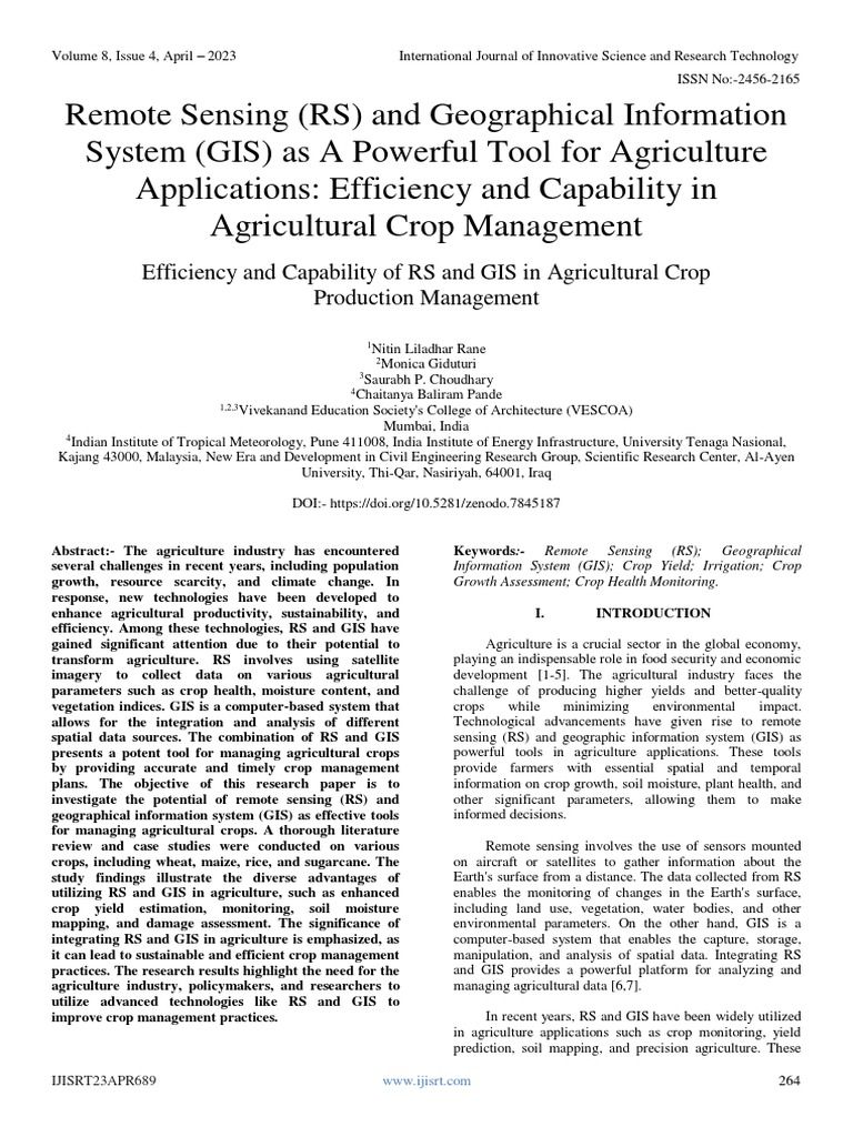 Remote Sensing Rs And Geographical Information System Gis As A Powerful Tool For Agriculture