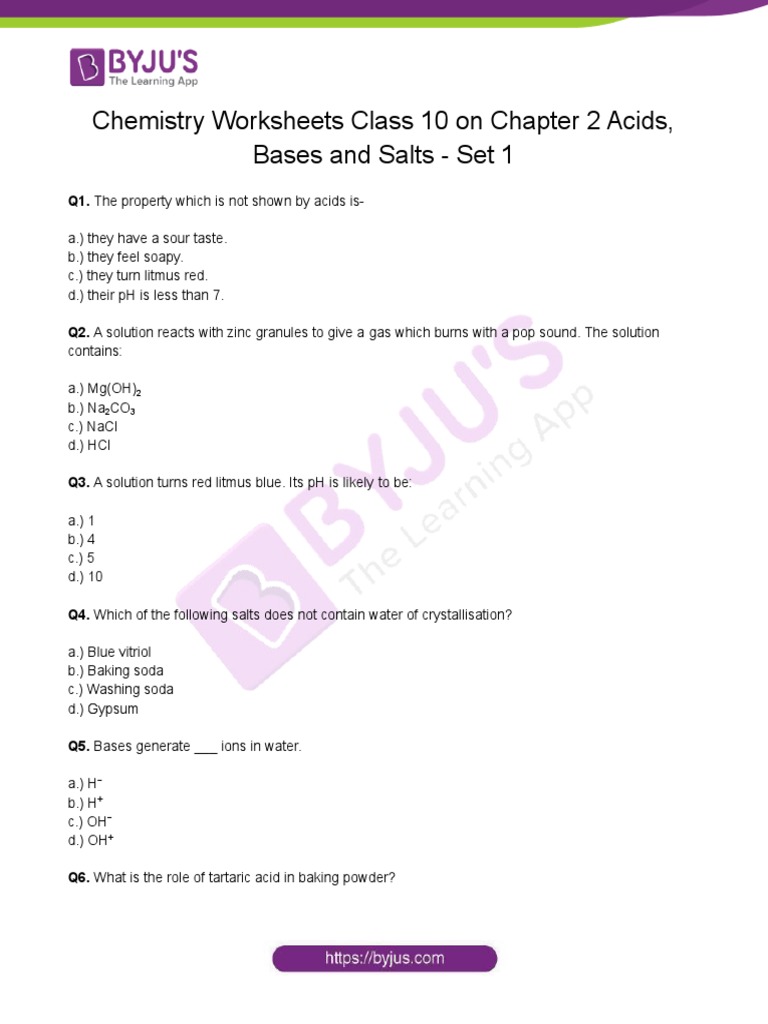 Chapter 2 - Acids Bases and Salts Worksheet Questions Set 1 | PDF ...