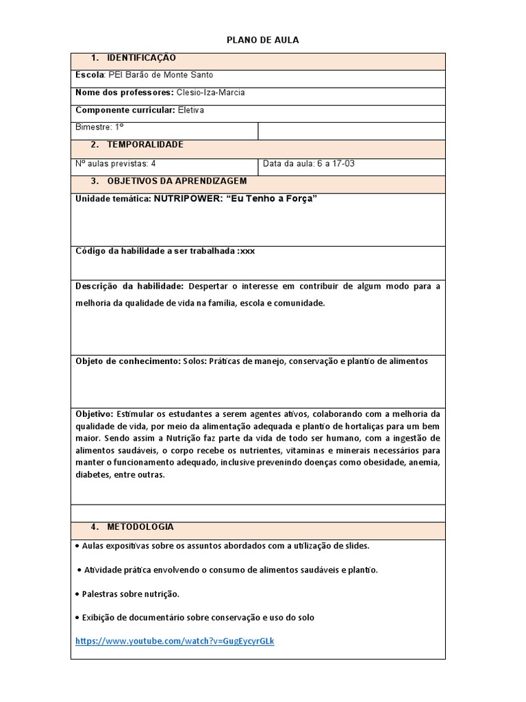 Plano de Aula - Eletiva-6 A 17-03 | PDF | Alimentos | Aprendizado