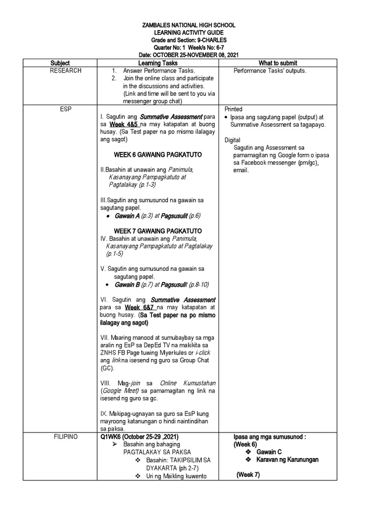 Learning Activity Guide Q1 Week 6 7 | PDF