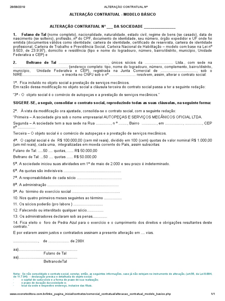 Alteração Contratual - Modelo Básico | PDF | Direito Privado Alteração Contratual - Modelo Básico | PDF | Direito Privado