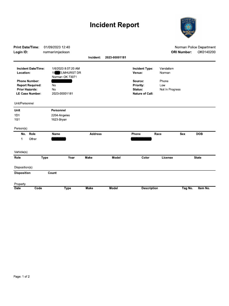 Police Report Relating To Vandalism Against Kiley Ellis | PDF