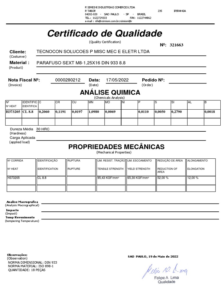 Certificado de Qualidade: Análise Quimica | Download grátis PDF ...