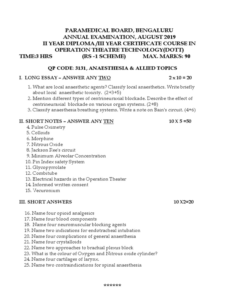 QP Code: 3131, Anaesthesia & Allied Topics: I. Long Essay - Answer Any ...