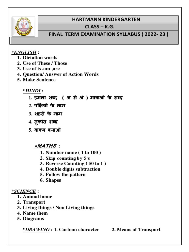 K.G. Final Syllabus 2022-2023 | PDF