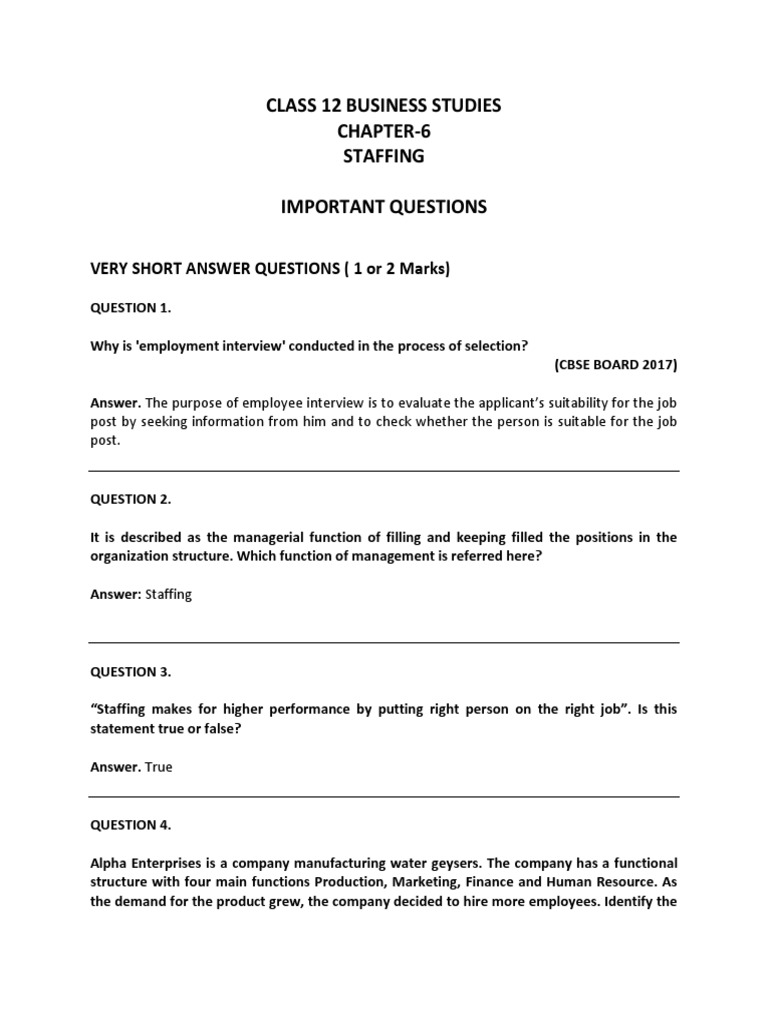 Class 12 Business Studies Chapter-6 Staffing Important Questions | PDF ...