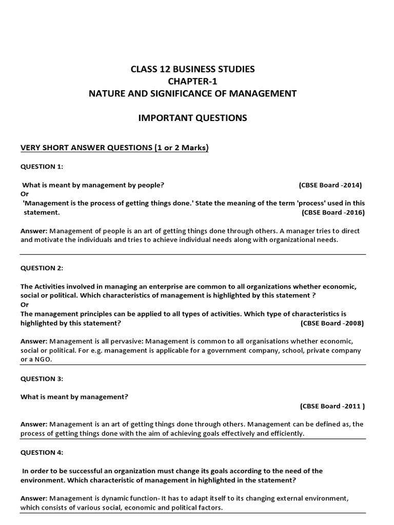 Class 12 Business Studies Chapter-1 Nature and Significance of Management Important Questions ...