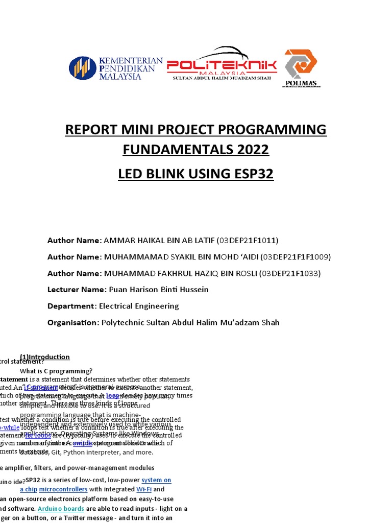 Report Mini Project Programming Fundamentals 2022 Led Blink Using Esp32 | PDF | Arduino ...
