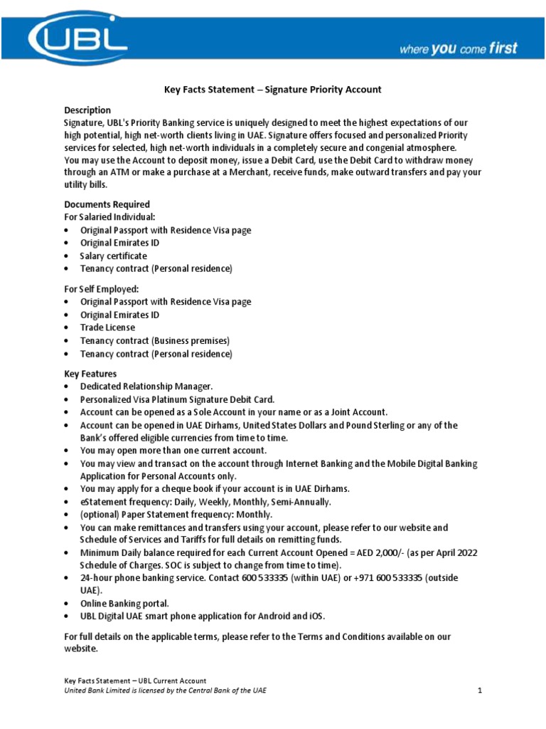 Key-Facts-Statement-Signature-Priority-Account UBL | PDF | Banks | Cheque