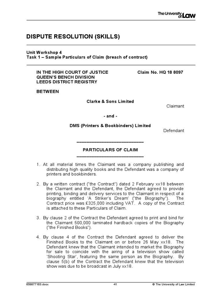 Particulars Claim Exemplar | PDF | Damages | Breach Of Contract