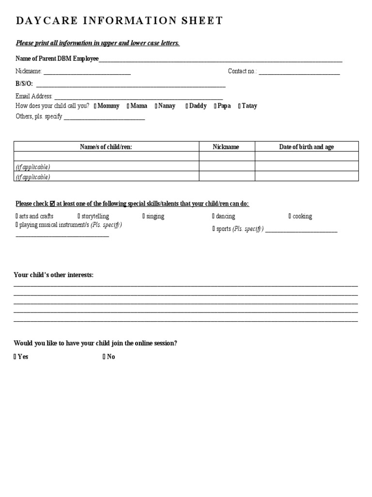 Daycare Information Sheet | PDF