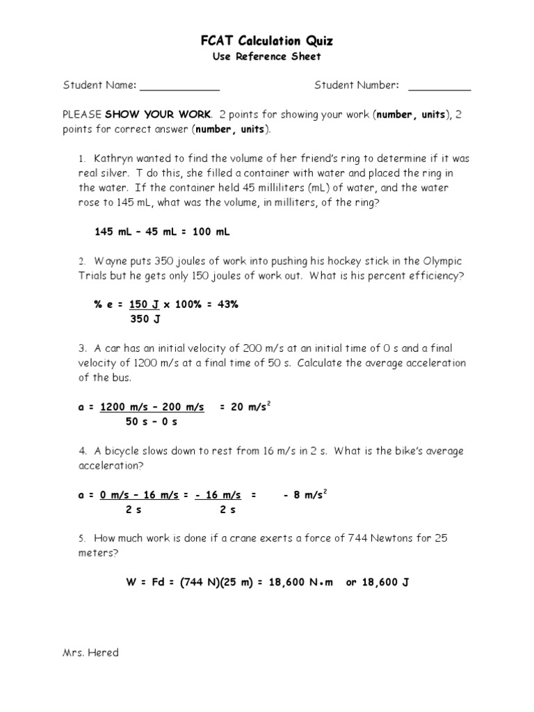 FCAT Calculation Quiz: Use Reference Sheet | PDF