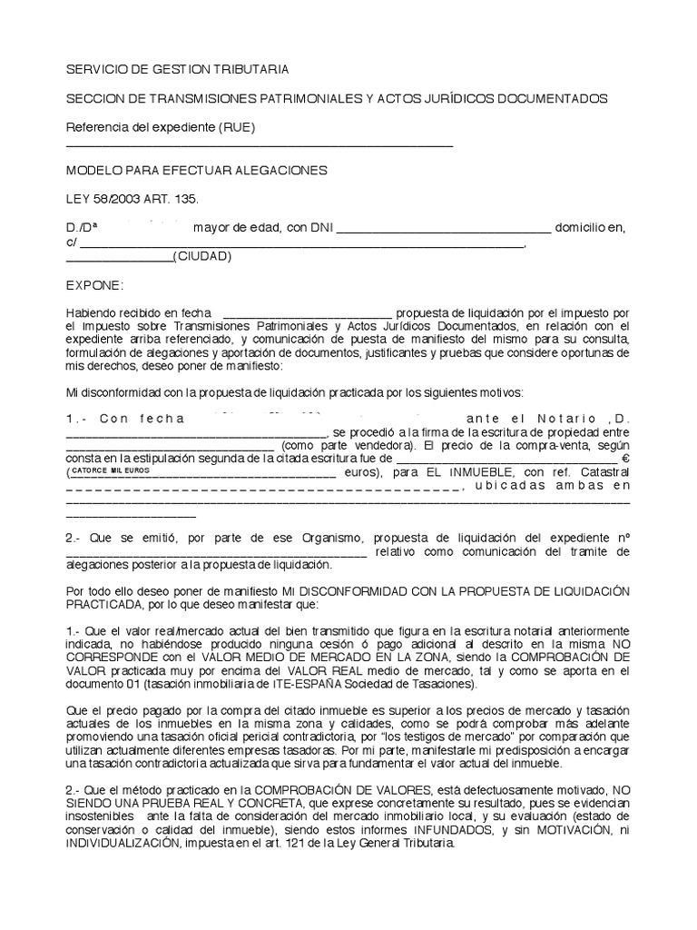 Modelo Alegaciones Liquidaciones Complementarias | PDF | Valoración (Finanzas)