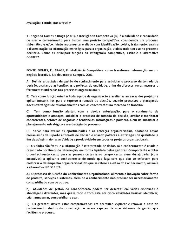 Avaliação I - Estudo Transversal V | PDF | Gestão do conhecimento ...