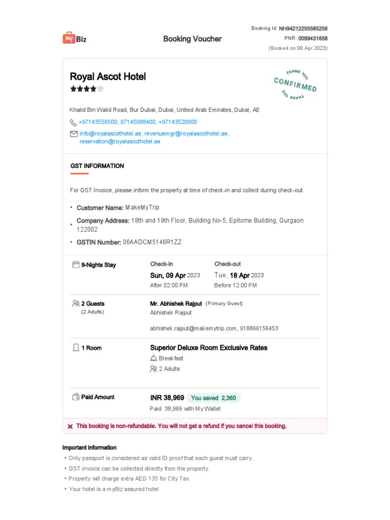 Royal Ascot Hotel: Booking Voucher | PDF