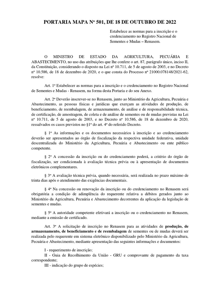 Portaria Mapa #501, de 18 de Outubro de 2022 - Renasem | PDF