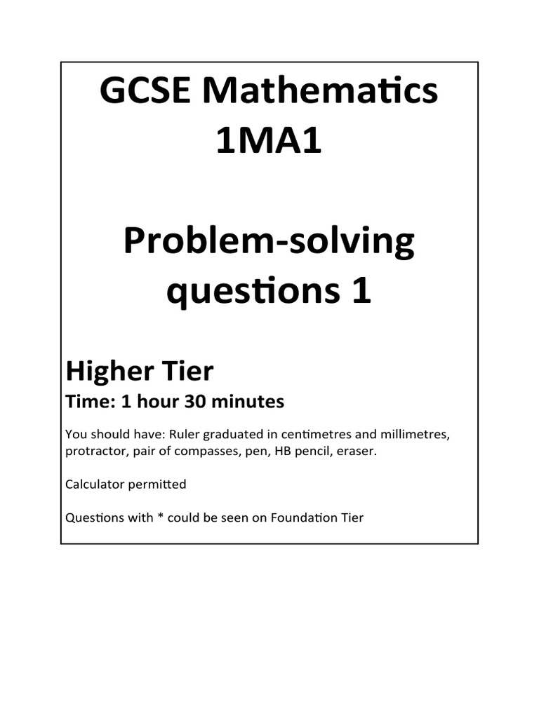 GCSE Mathematics 1MA1 Problem Solving Questions 1 Higher Tier PDF