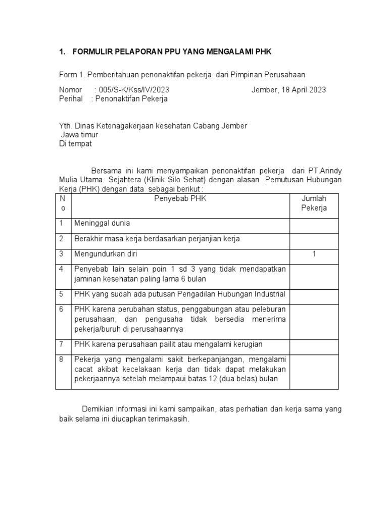 FORMULIR PELAPORAN PPU YANG MENGALAMI PHK | PDF