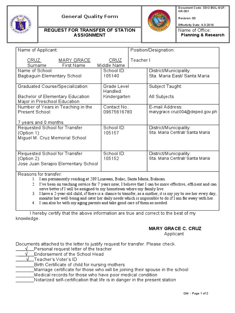 Request For Transfer of Station Assignment - Form Mary Grace Cruz | PDF ...