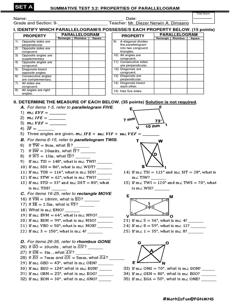 Analysis of Properties and Measures of Parallelograms, Rectangles, Rhombuses, and Squares in ...