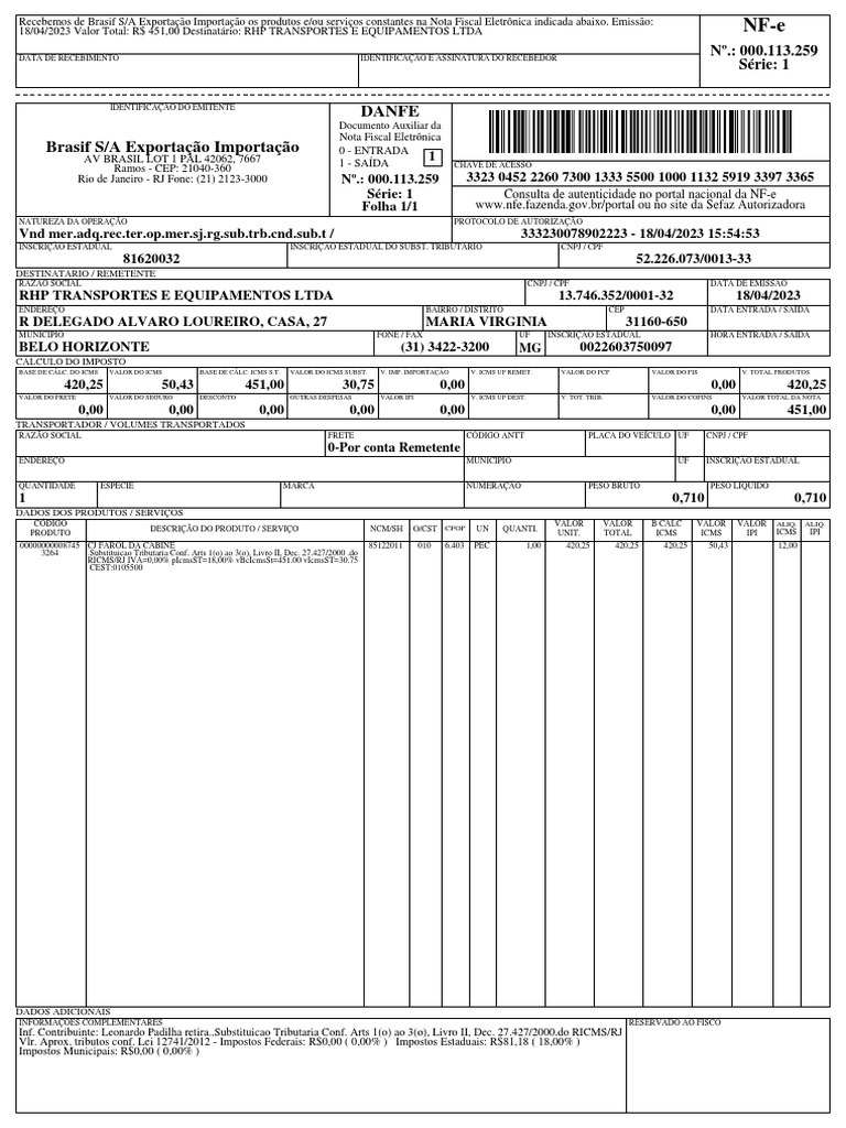 NF Brasif RJ | PDF | Recibo | Pagamentos