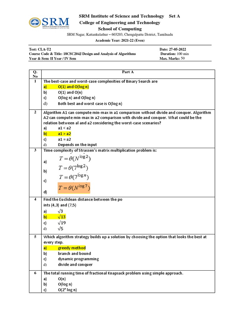 CT2 - D - Answer Key | PDF | Dynamic Programming | Computational Complexity Theory
