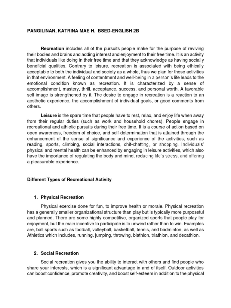 Recreational Assignment | PDF | Recreation | Leisure