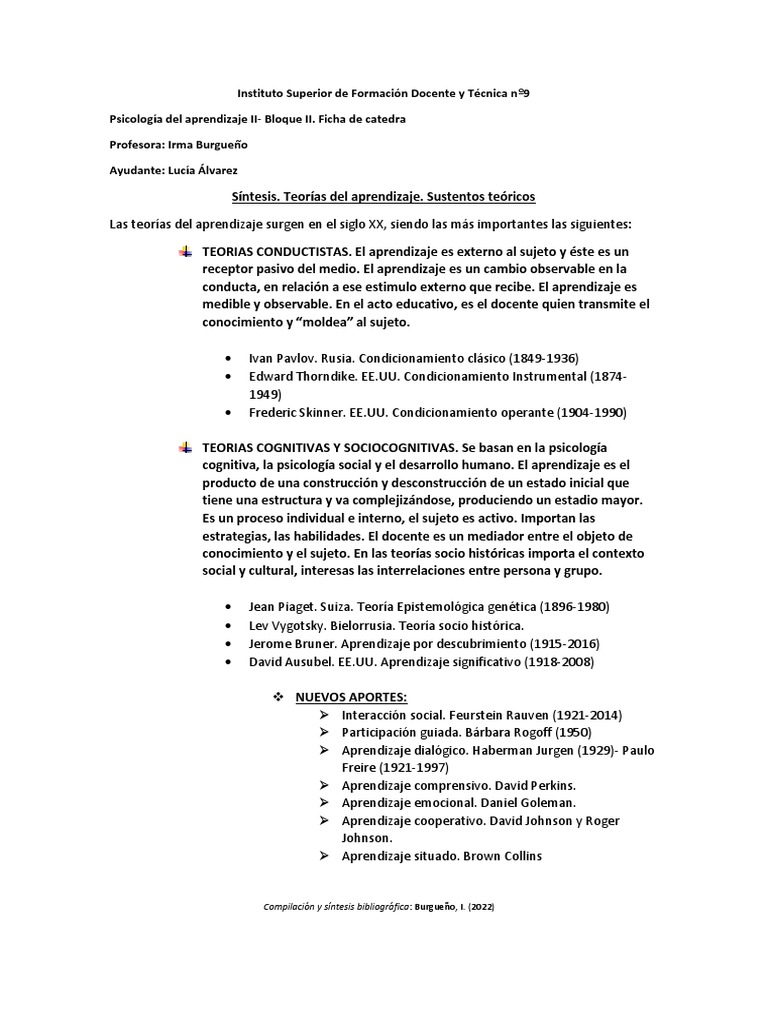 Ficha de Catedra. Psico Del Aprendizaje. Bloque II. Teorias Del Aprendizaje | PDF | Teoría del ...