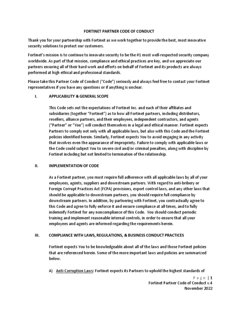 Fortinet Partner Code of Conduct | PDF | Bribery | Privacy