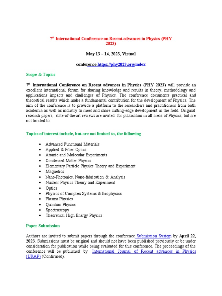 7th International Conference On Recent Advances in Physics (PHY 2023) | PDF