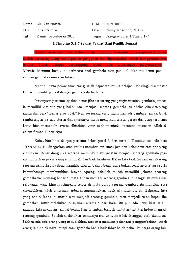 Lie Sian Novita - Surat Pastoral - Eksegese Surat 1 Timotius 31-7 | PDF