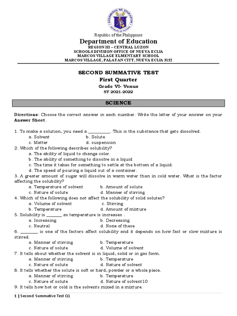 Summative Test 2-Q1 | PDF | Solubility | Chemistry