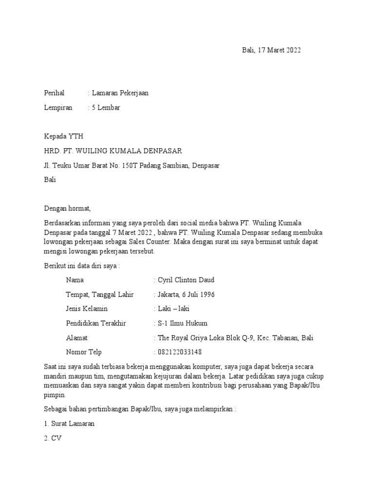 Surat Lamaran PT. Wuiling Kumala Denpasar | PDF