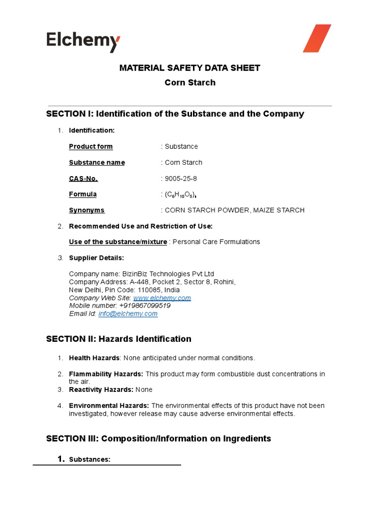 Corn Starch MSDS - Elcehmy | PDF | Dangerous Goods | Personal Protective Equipment
