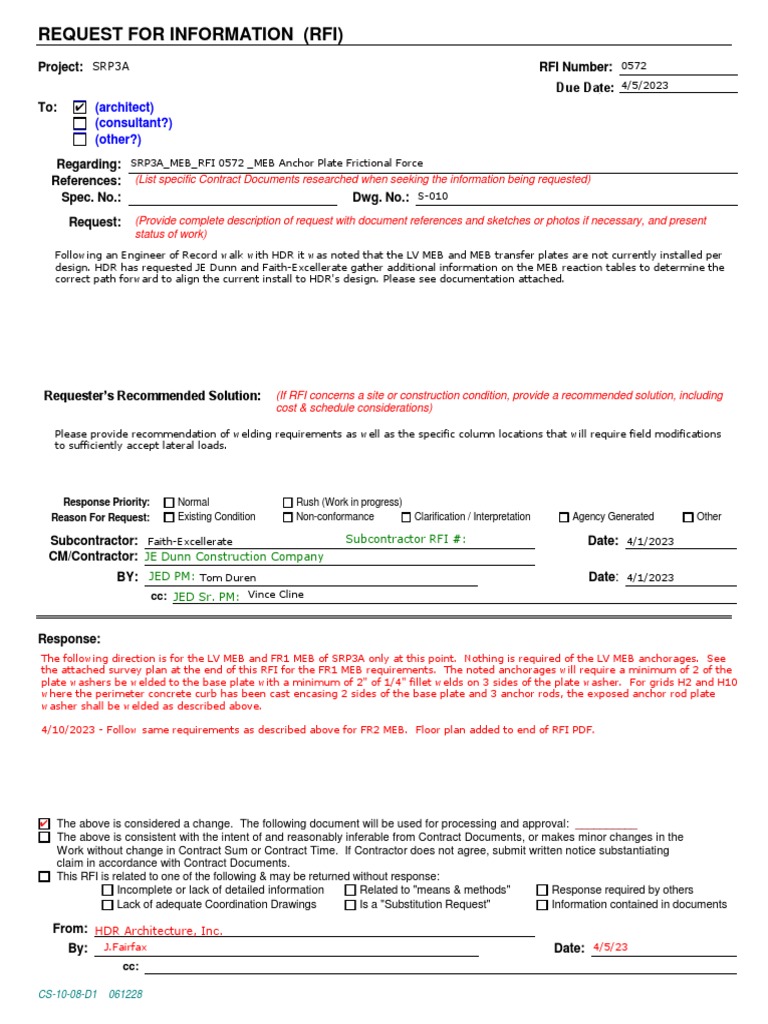 SRP3A - MEB - RFI 0572 - MEB Anchor Plate Frictional Force - Response REV 1 | PDF | Request For ...