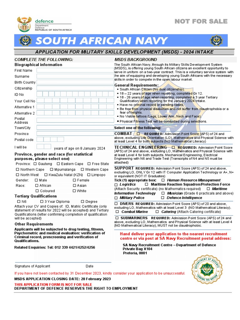 SA Navy MSDS Application 2023 | PDF
