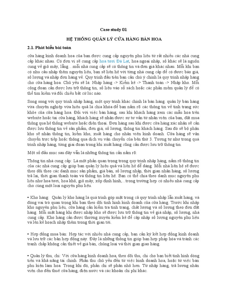 Case Study 01 - HeThongQuanLyCuaHangBanHoa | PDF