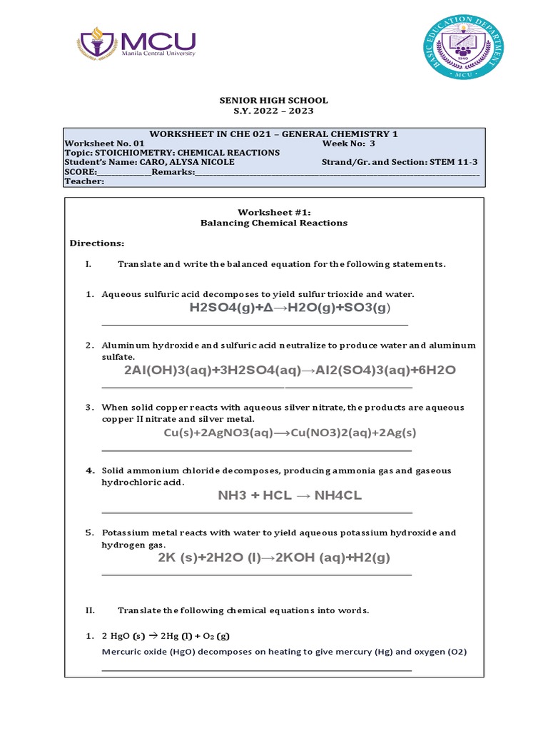 Che 021 - Q1 - Worksheet #1 | PDF | Hydroxide | Chemical Reactions
