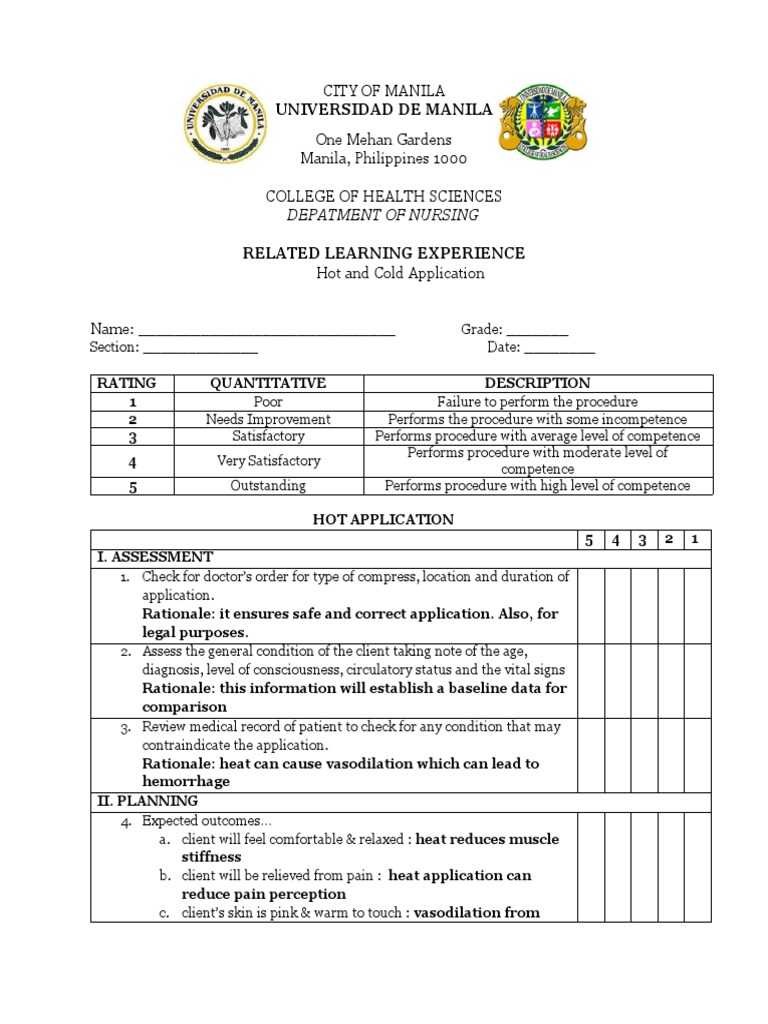 CHECKLIST Hot and Cold Application WITH RATIONALE | Download Free PDF ...