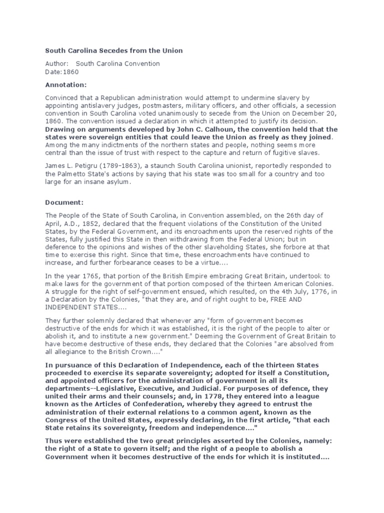 Declaration of the Immediate Causes of Secession | PDF | Secession In ...