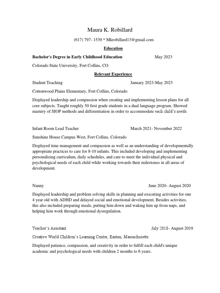 Resume Maura Robillard 4 1 | PDF | Teachers | Education Theory