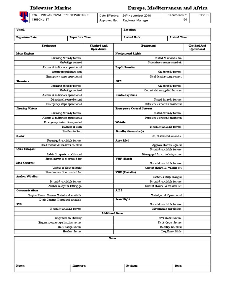 Pre-Arrival Pre-Departure Checklist | PDF | Watercraft | Water Transport