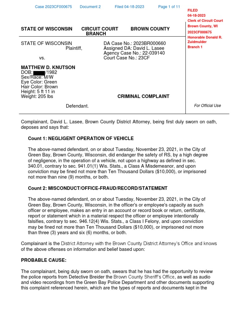 Green Bay Criminal Complaint: Knutson Case | PDF | Police Car ...