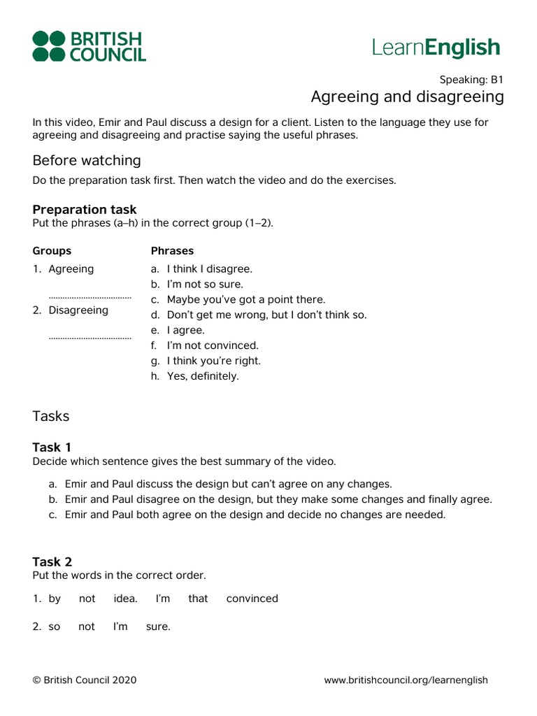LearnEnglish-Speaking-B1-Agreeing-and-disagreeing - WORKSHEET | PDF ...