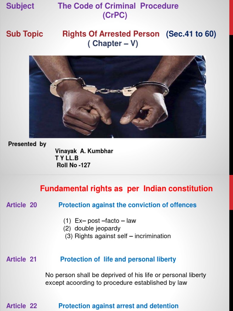 Sub Topic Rights of Arrested Person: (Chapter - V) | PDF | Arrest | Bail