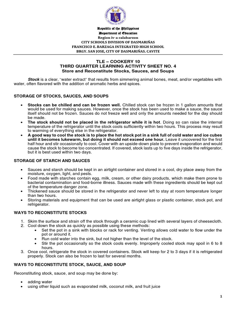 TLE - Cookery 10 Third Quarter Learning Activity Sheet No. 4 Store and Reconstitute Stocks ...