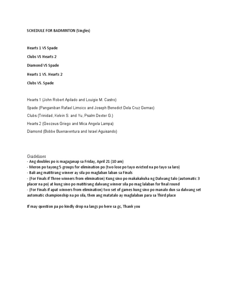 Badminton Doubles Tournament Schedule | PDF