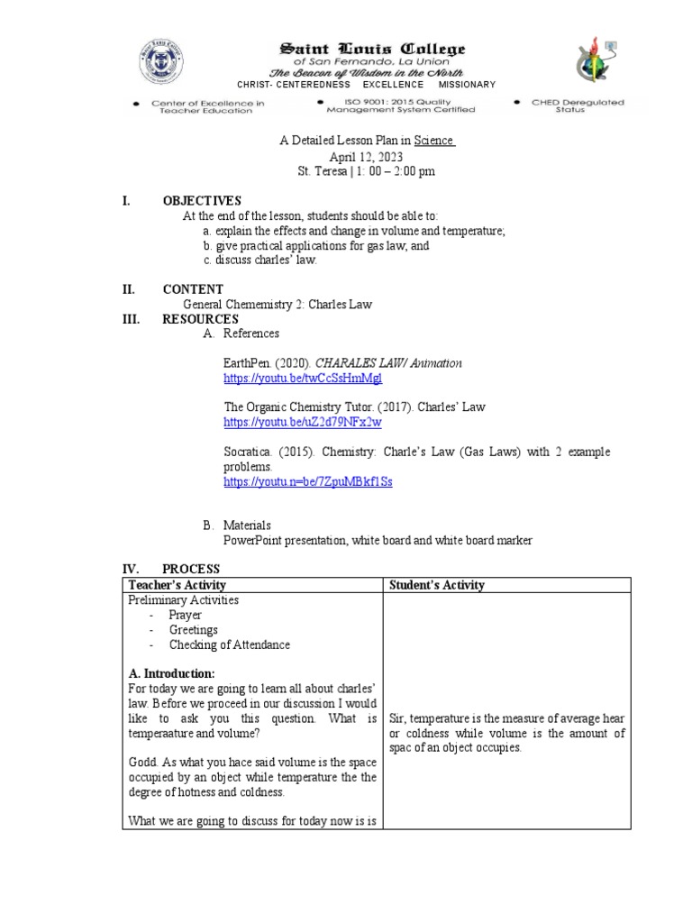 Charles' Law Science Lesson Plan | PDF | Atmosphere Of Earth | Applied ...