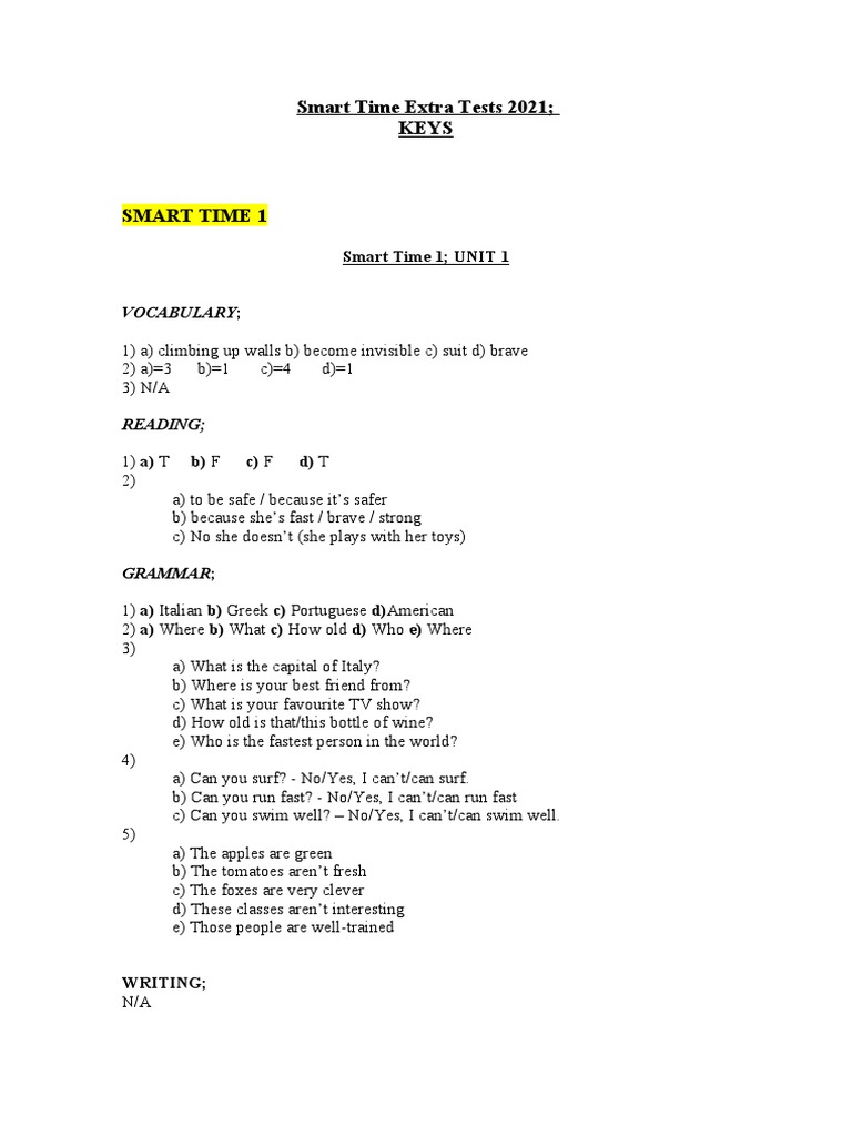 Smart Time Extra Tests 2021 KEY xCp5dZY | PDF