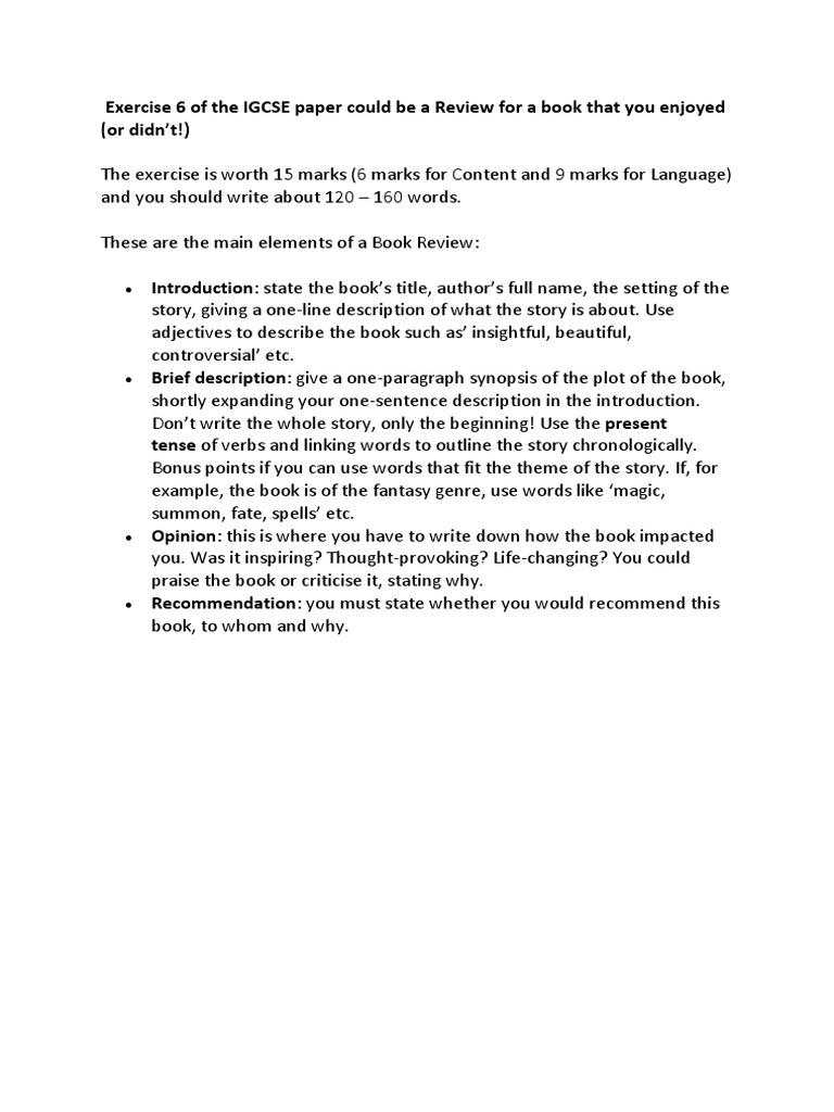 Exercise 6 of The IGCSE Paper Could Be A Review For A Book That You ...